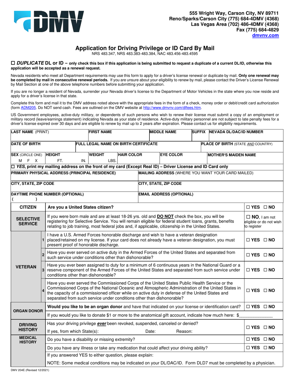 Form DMV204E - Fill Out, Sign Online and Download Fillable PDF, Nevada ...
