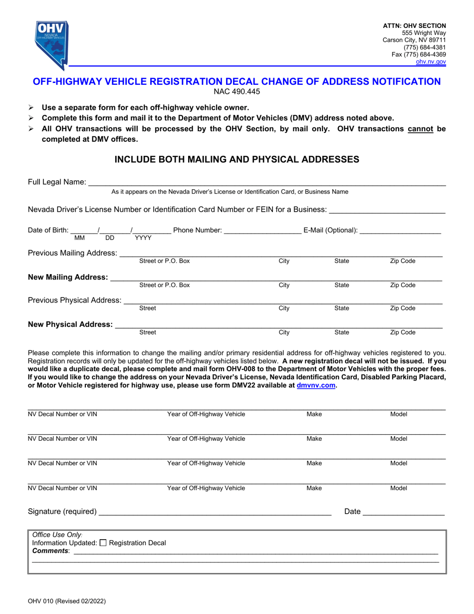 Form OHV10 - Fill Out, Sign Online and Download Fillable PDF, Nevada ...