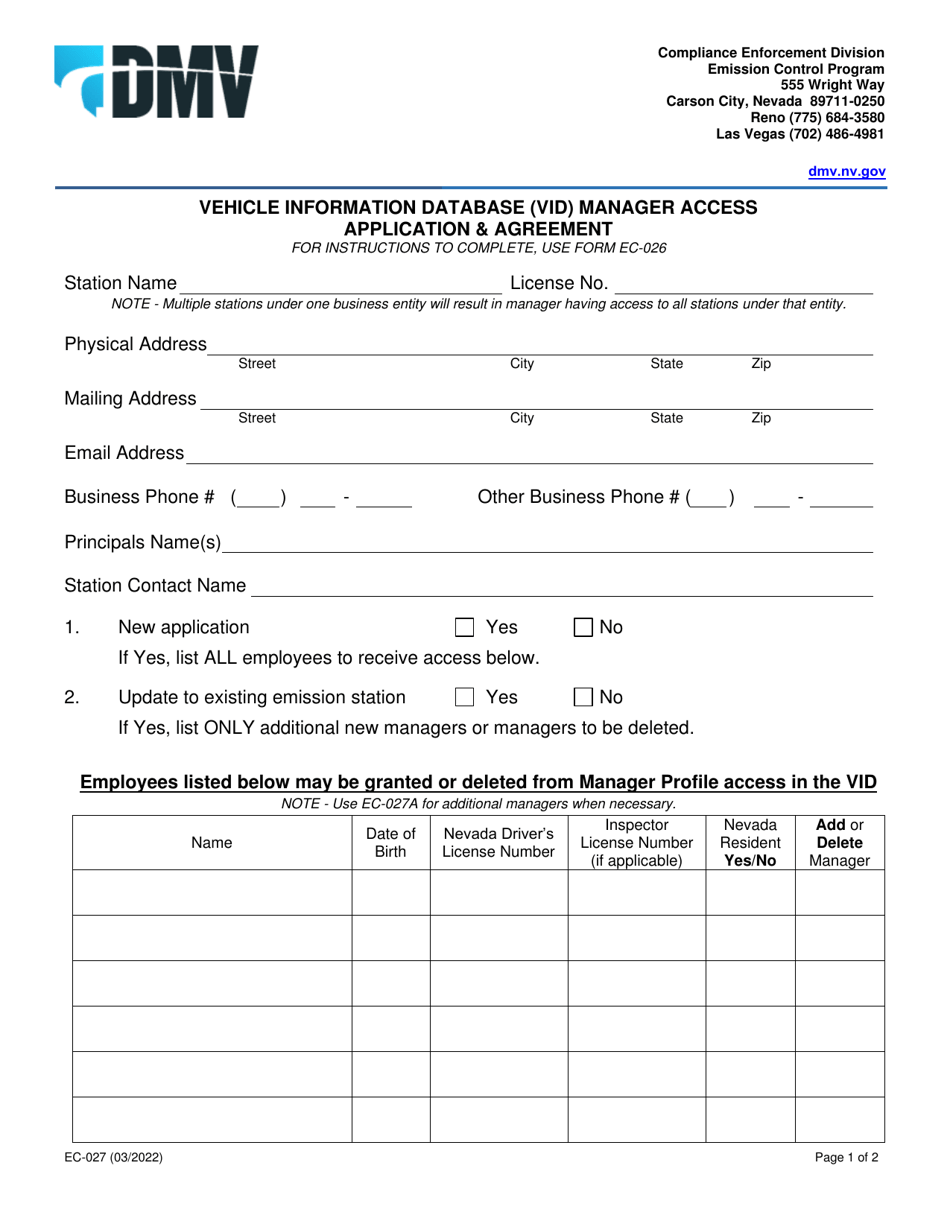 Form EC-027 - Fill Out, Sign Online and Download Fillable PDF, Nevada ...