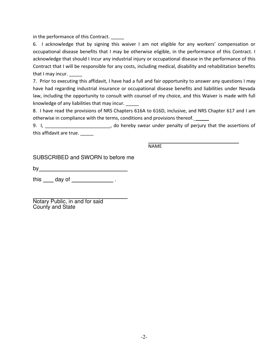 Nevada Affidavit Of Rejection Of Industrial Insurance Coverage Fill Out Sign Online And