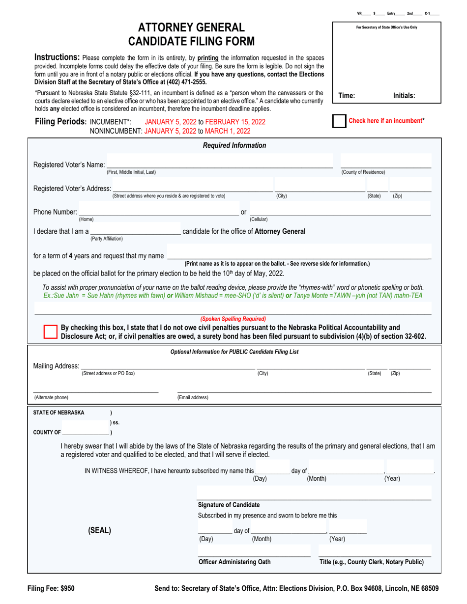 2022 Nebraska Attorney General Candidate Filing Form - Fill Out, Sign ...
