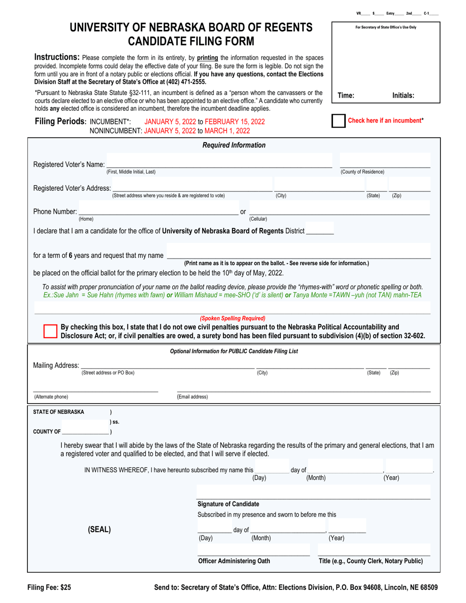 2022 Nebraska University of Nebraska Board of Regents Candidate Filing ...