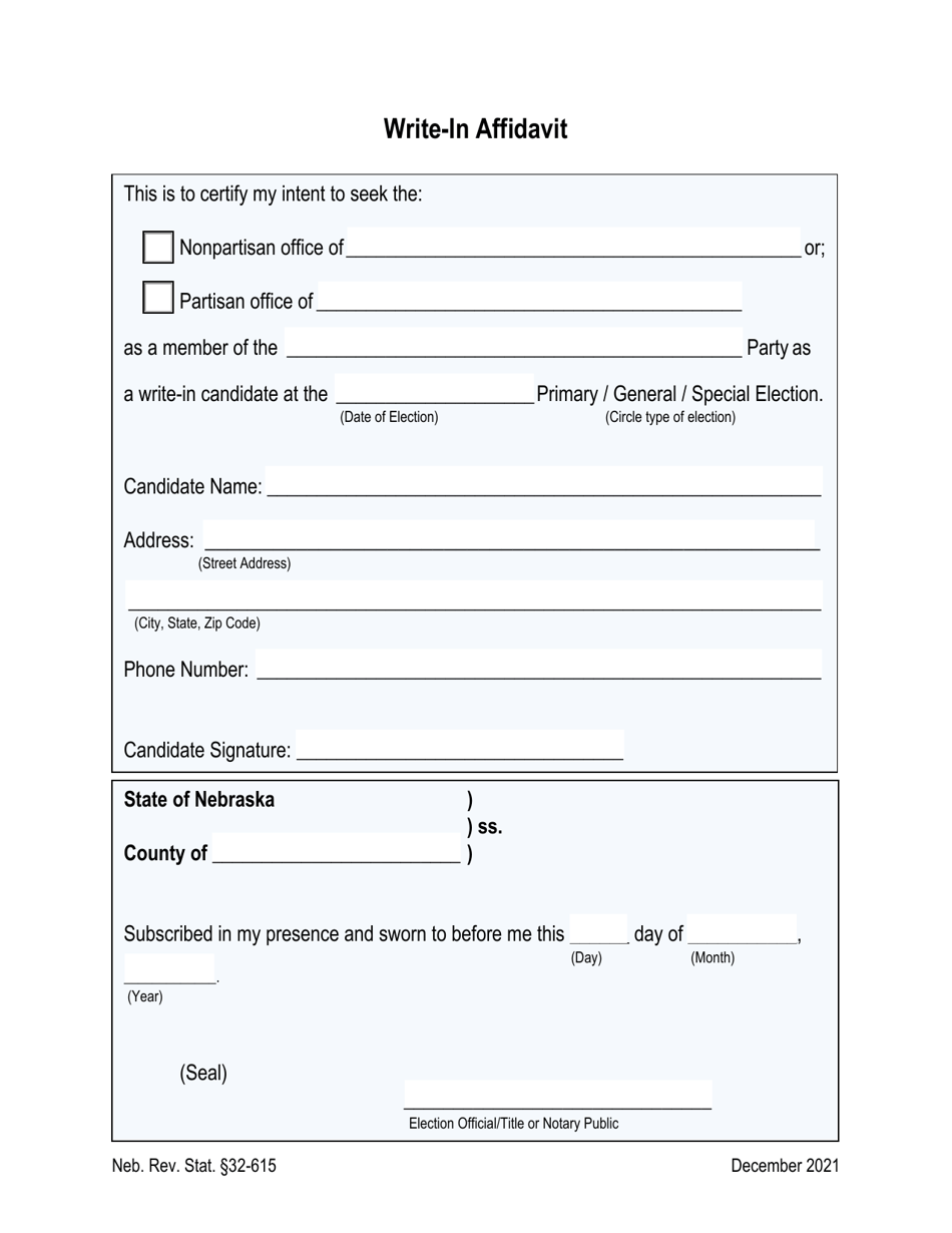 Nebraska Write In Affidavit Download Fillable Pdf 2019 2026