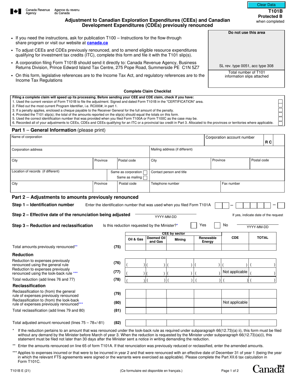 Form T101B Download Fillable PDF or Fill Online Claim for Adjustments ...