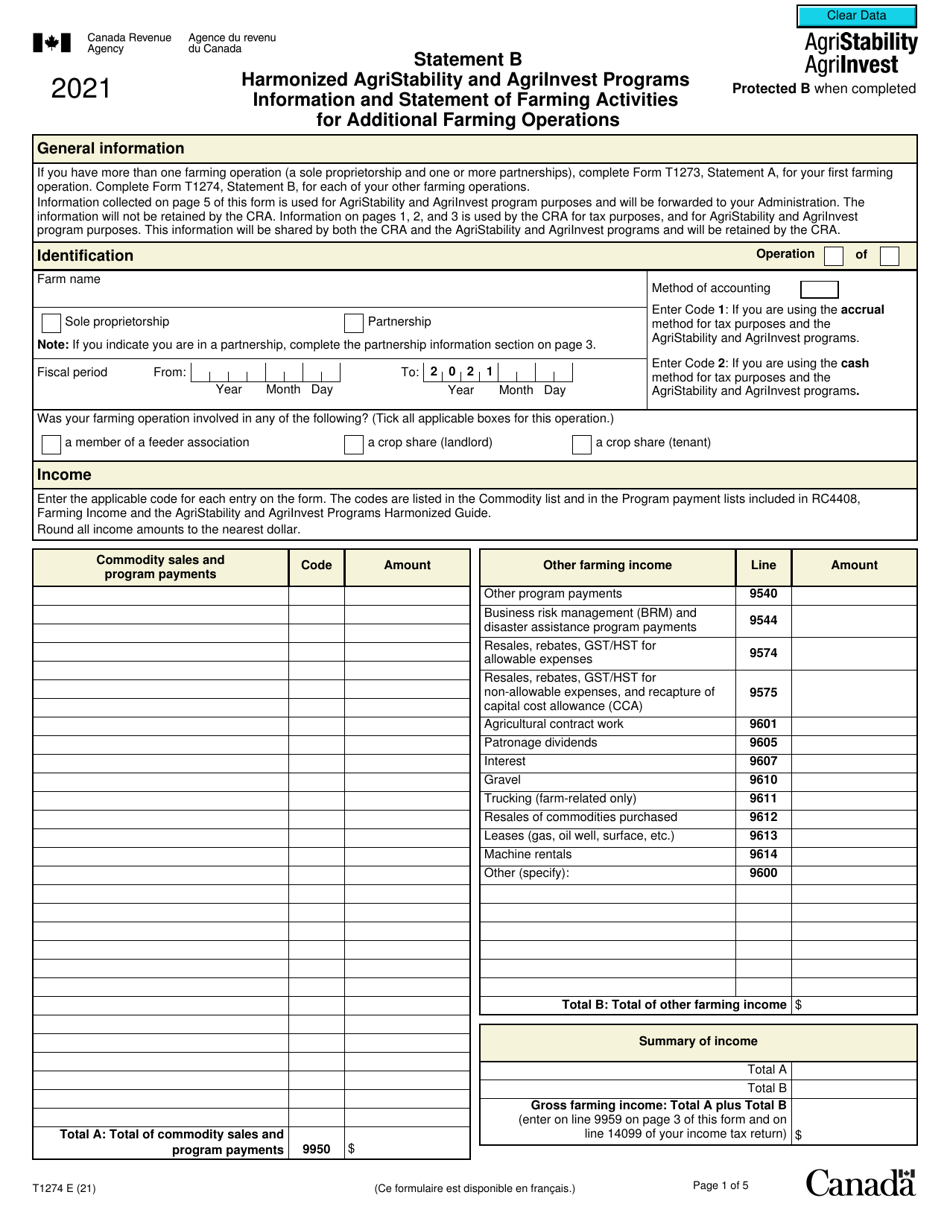 Form T1274 Download Fillable PDF or Fill Online Statement B ...