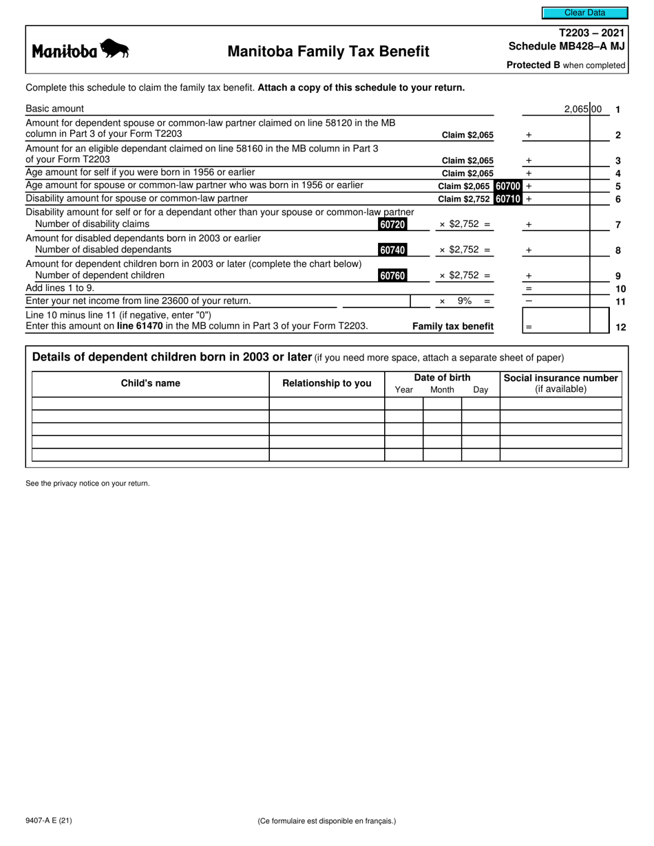 Form T2203 (9407-A) Schedule MB428-A MJ - 2021 - Fill Out, Sign Online ...