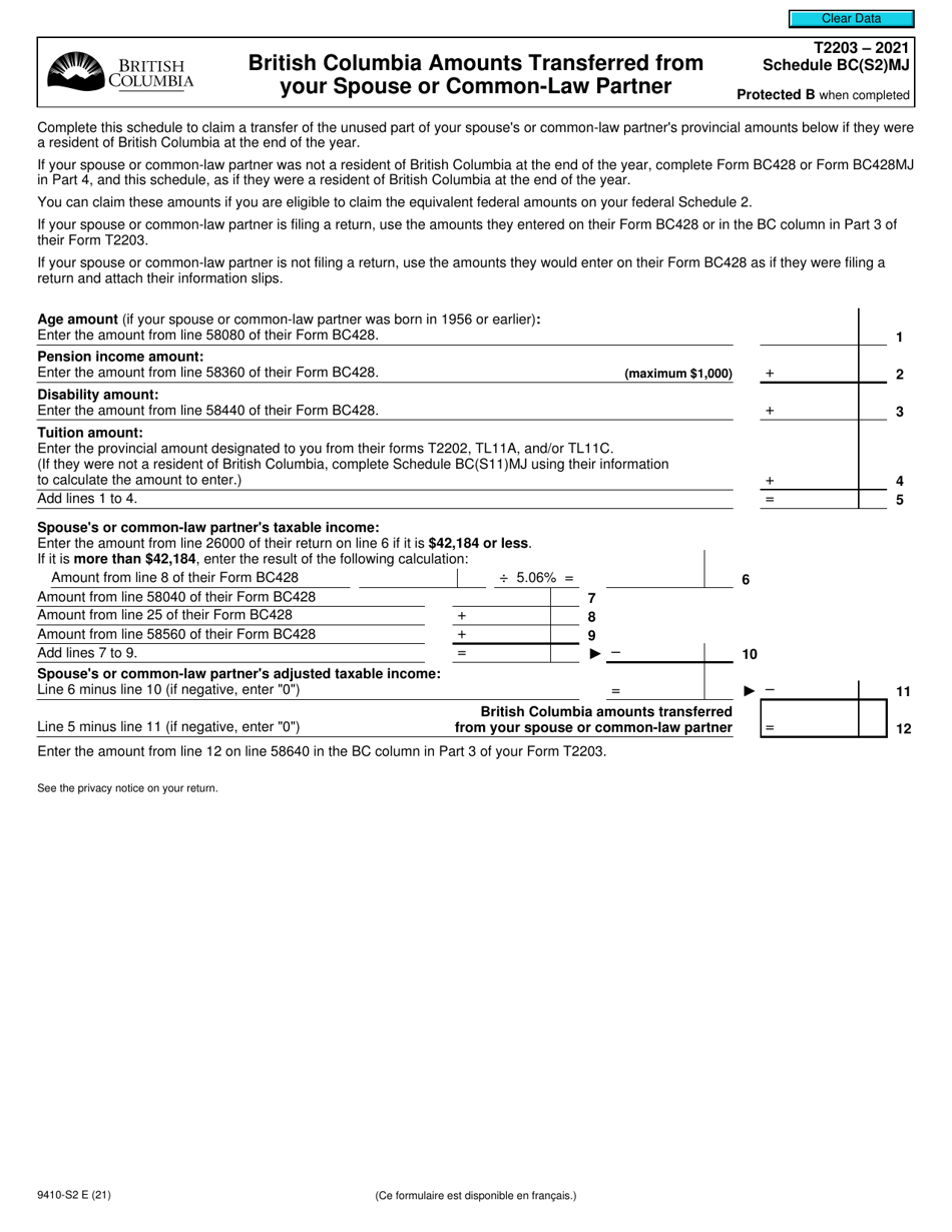 Form T2203 (9410-S2) Schedule BC(S2)MJ - 2021 - Fill Out, Sign Online ...