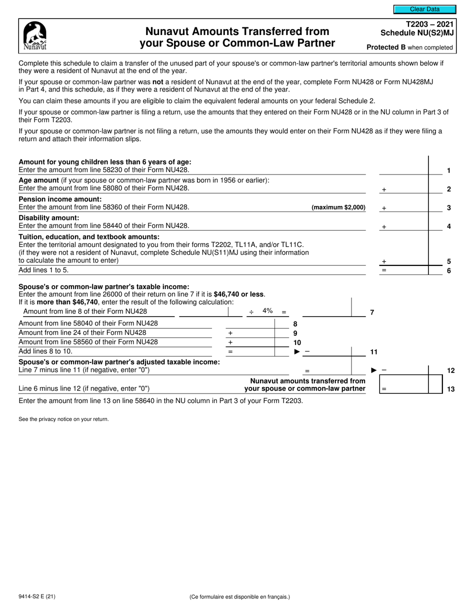 Form T2203 (9414-S2) Schedule NU(S2)MJ - 2021 - Fill Out, Sign Online ...