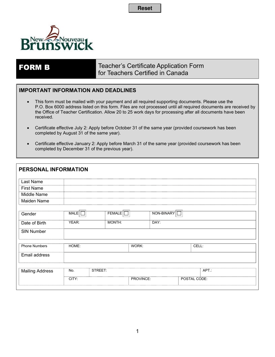 Form B - Fill Out, Sign Online and Download Fillable PDF, New Brunswick ...