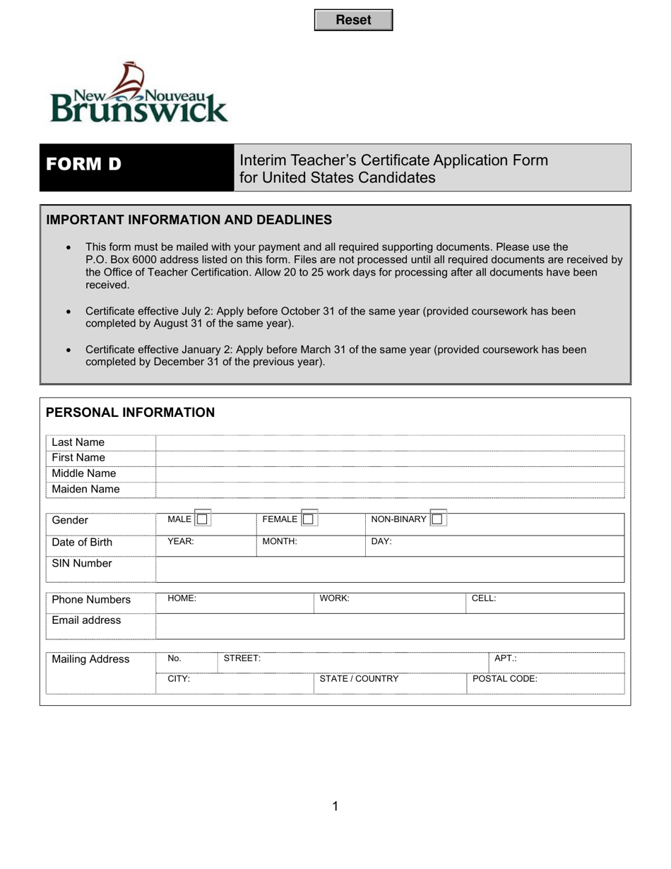 Form D - Fill Out, Sign Online and Download Fillable PDF, New Brunswick ...