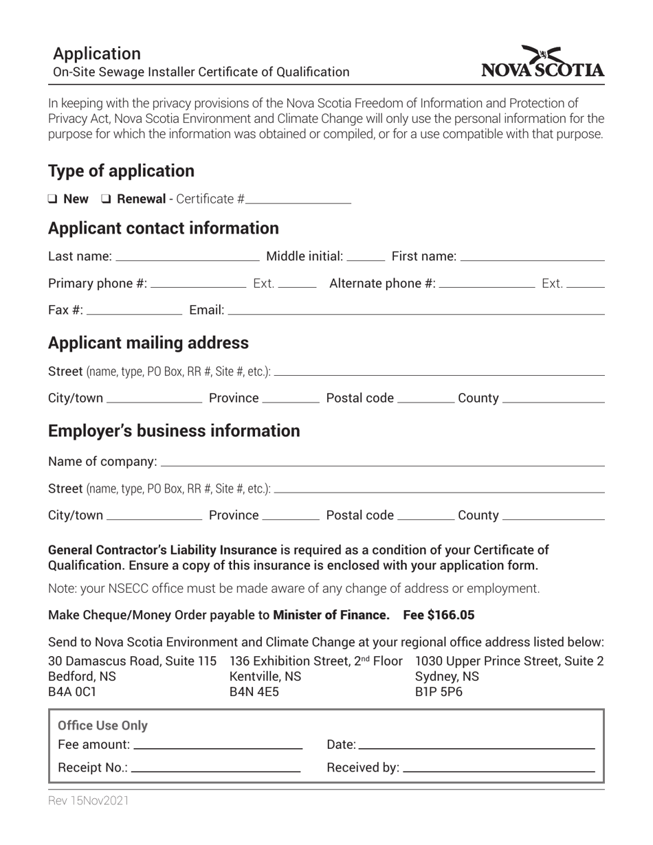 Nova Scotia Canada On-Site Sewage Installer Certificate of ...