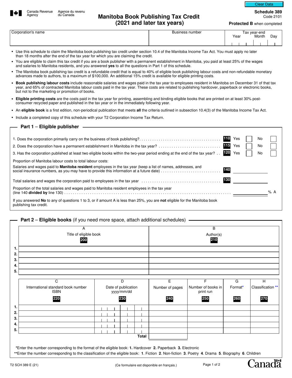 Form T2 Schedule 389 Download Fillable PDF or Fill Online Manitoba Book ...