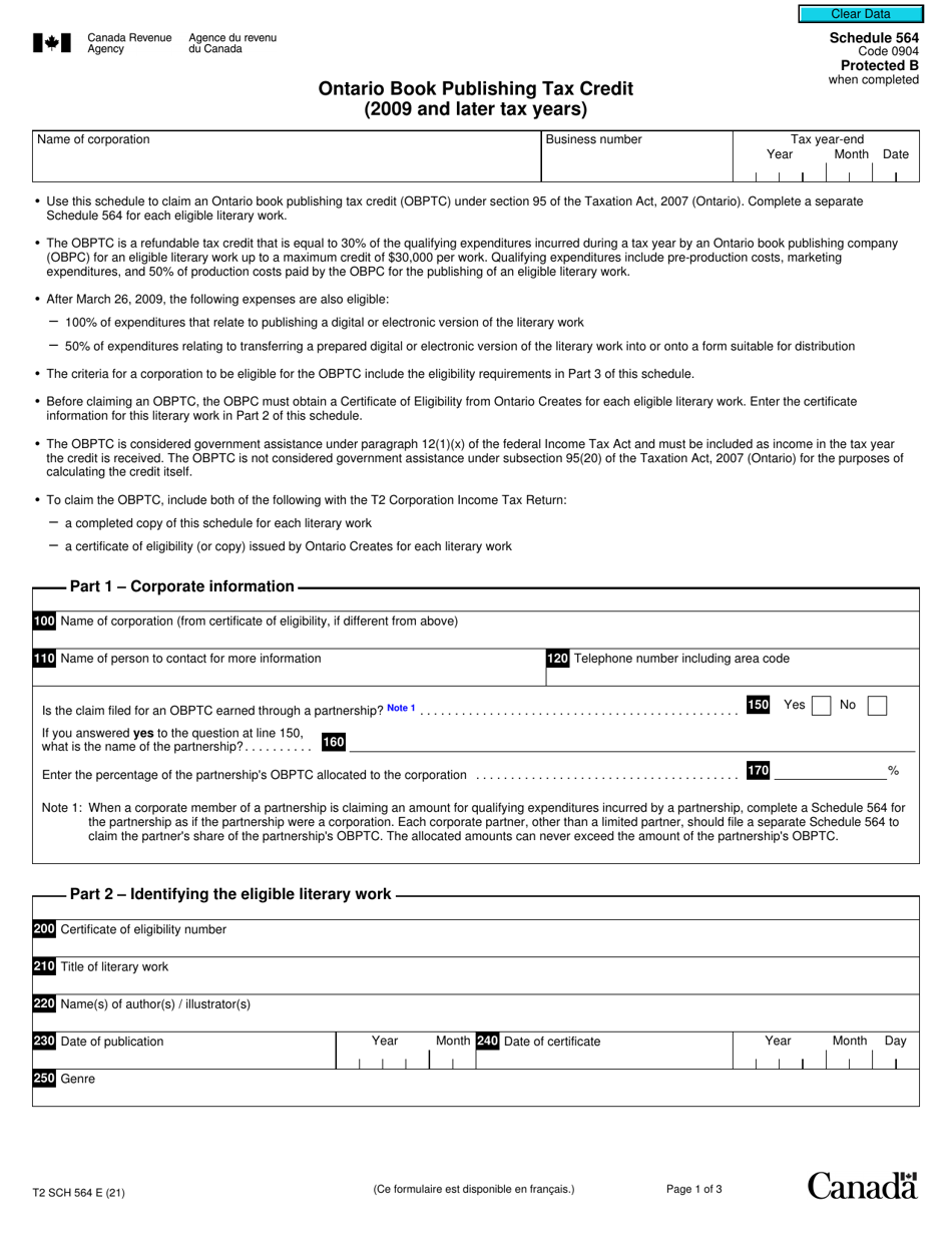 Form T2 Schedule 564 - Fill Out, Sign Online and Download Fillable PDF ...