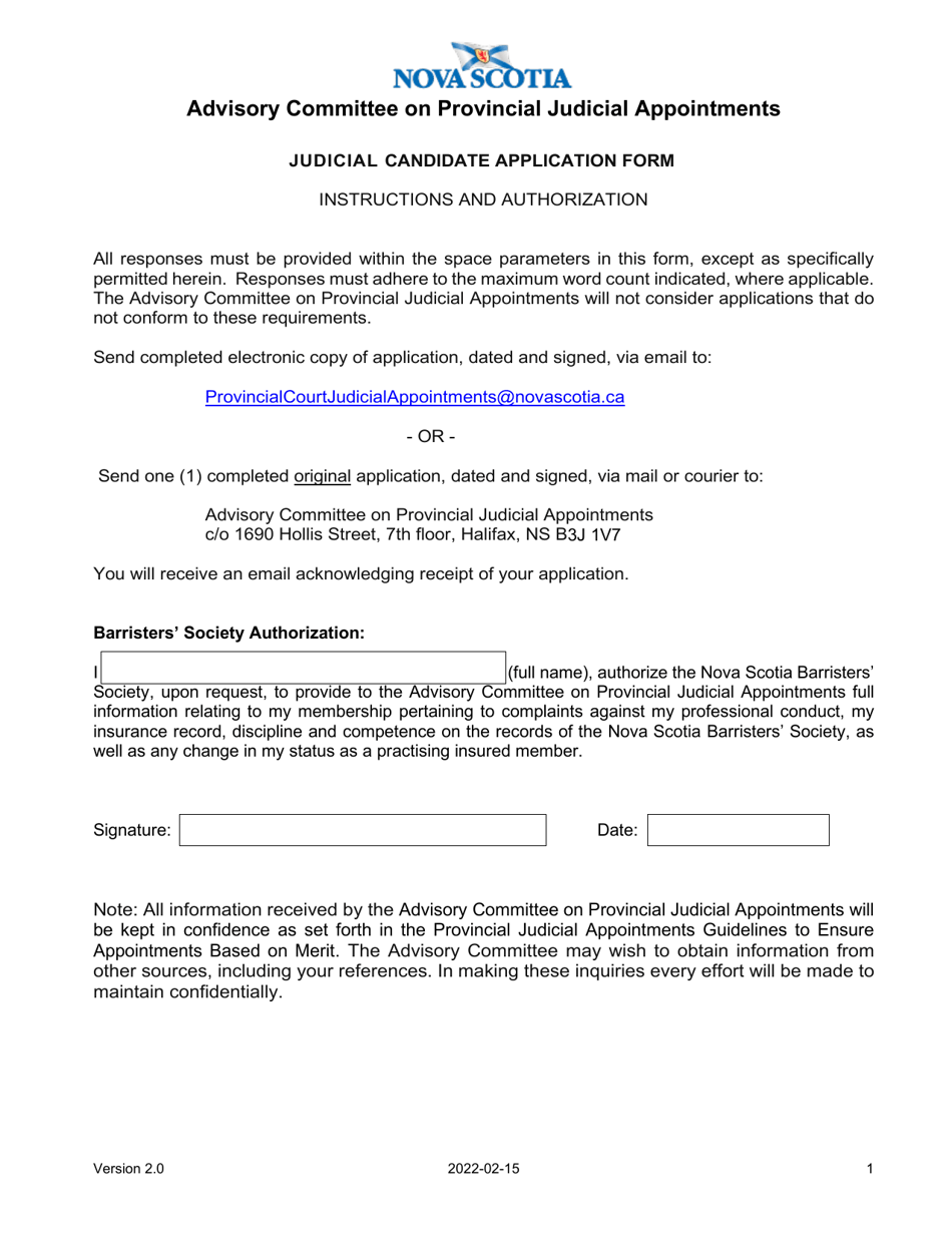 Nova Scotia Canada Judicial Candidate Application Form - Fill Out, Sign ...