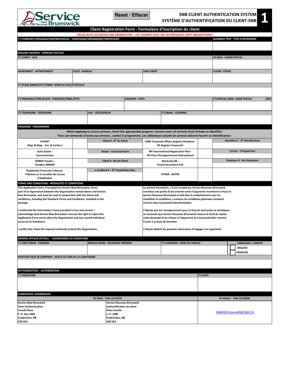 New Brunswick Canada Client Registration Form (English/French) - Fill ...