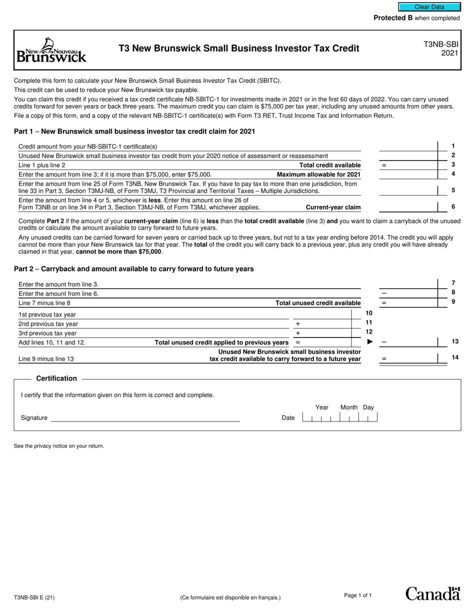 Form T3NB-SBI Download Fillable PDF or Fill Online New Brunswick Small Business Investor Tax ...
