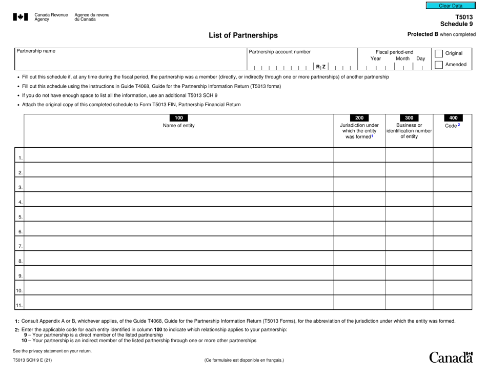 Form T5013 Schedule 9 Download Fillable PDF or Fill Online List of ...