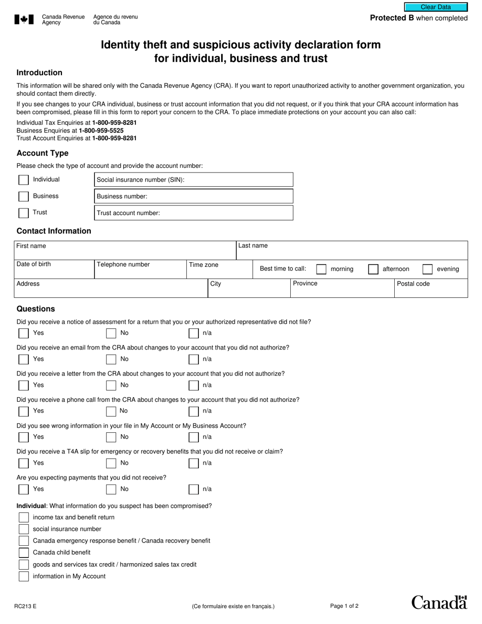 Form RC213 - Fill Out, Sign Online and Download Fillable PDF, Canada ...