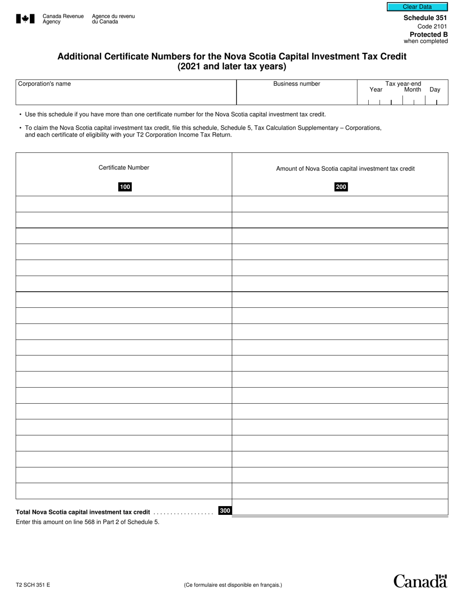Form T2 Schedule 351 - Fill Out, Sign Online and Download Fillable PDF ...