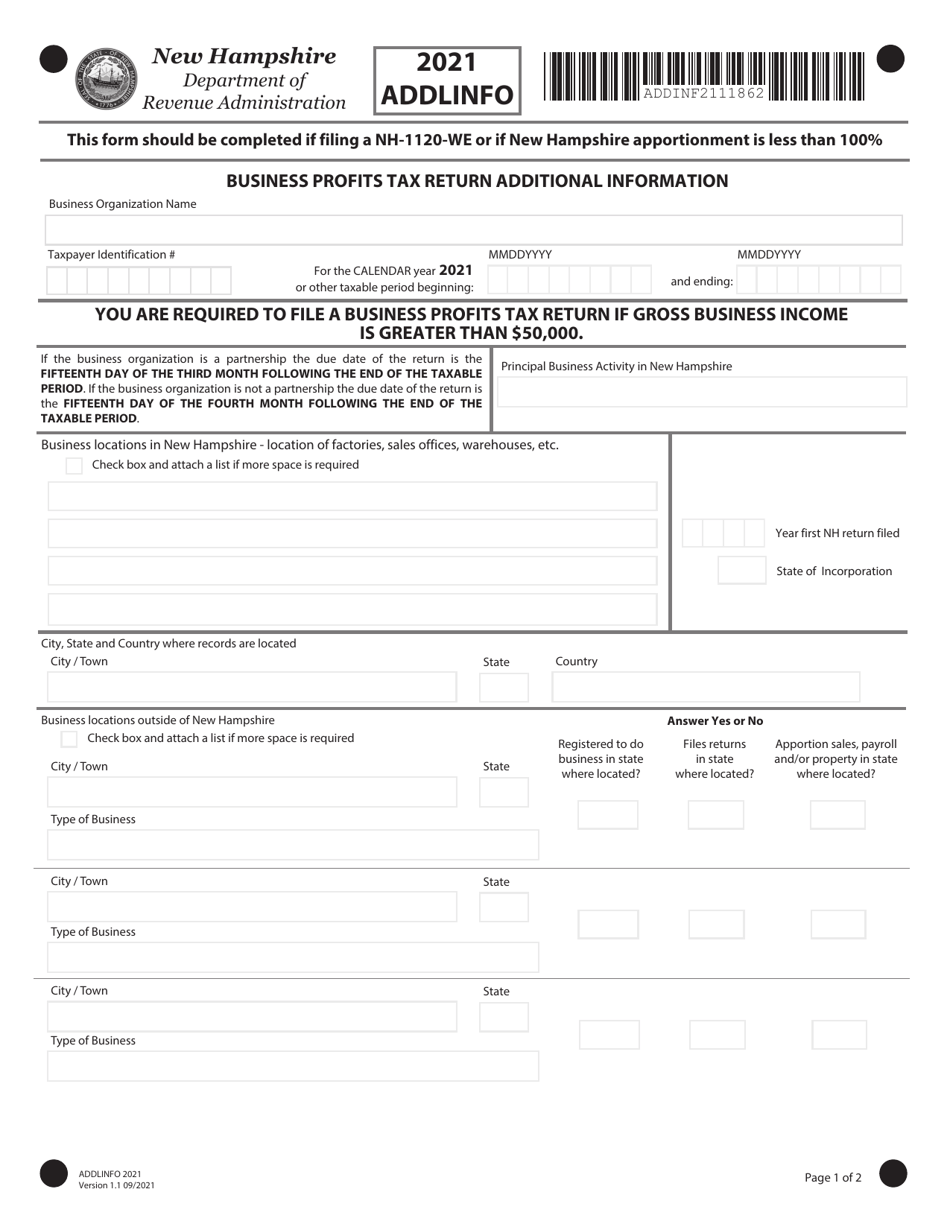 Form ADDLINFO Download Fillable PDF or Fill Online Business Profits Tax ...