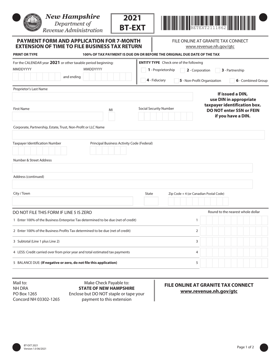 Form BT-EXT - 2021 - Fill Out, Sign Online and Download Fillable PDF, New Hampshire | Templateroller