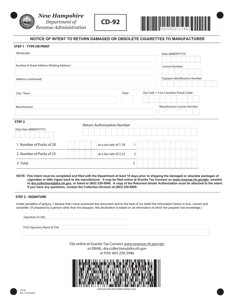 Form CD-92 - Fill Out, Sign Online and Download Fillable PDF, New ...