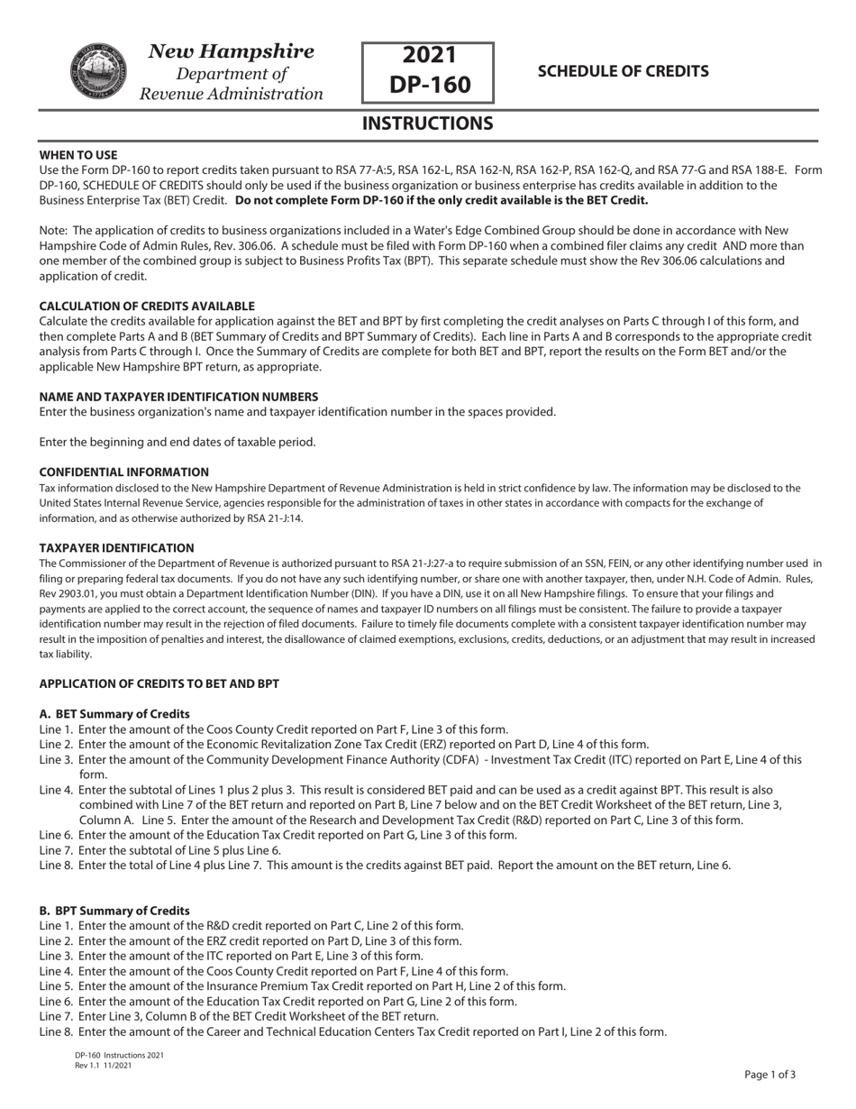 Download Instructions for Form DP-160 Schedule of Credits PDF, 2021 ...