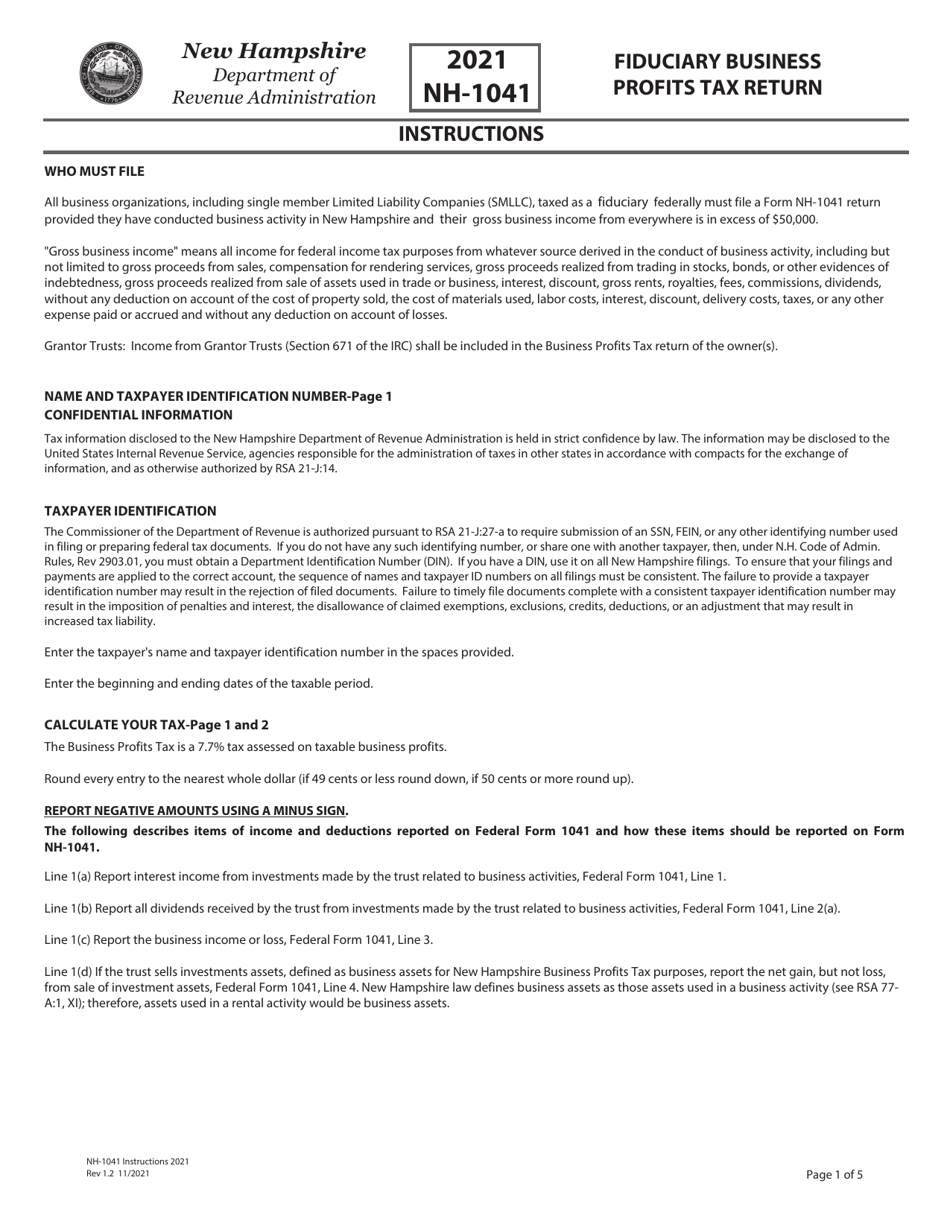 Download Instructions for Form NH-1041 Fiduciary Business Profits Tax ...