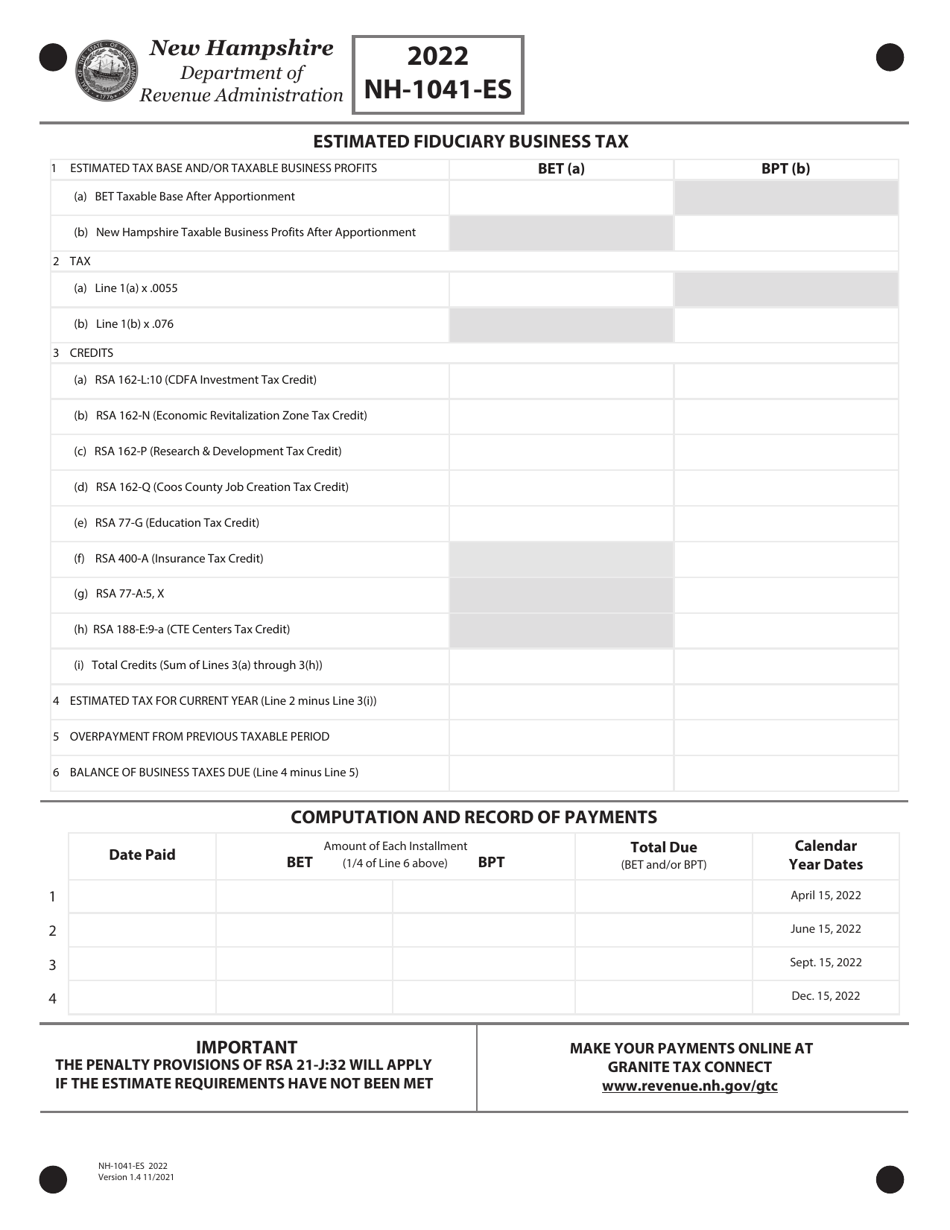 Form NH-1041-ES - 2022 - Fill Out, Sign Online and Download Fillable PDF, New Hampshire ...