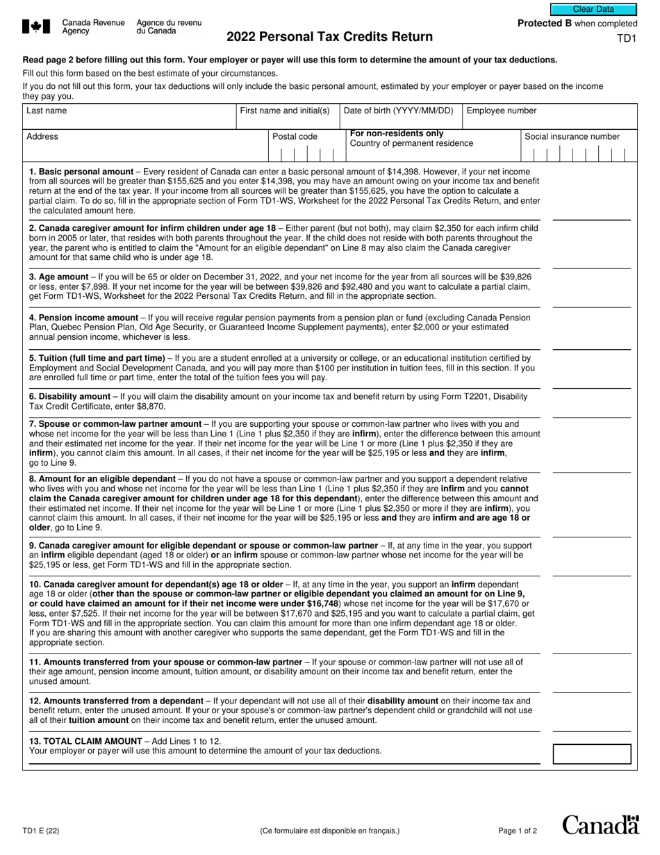 Form TD1 - 2022 - Fill Out, Sign Online and Download Fillable PDF ...