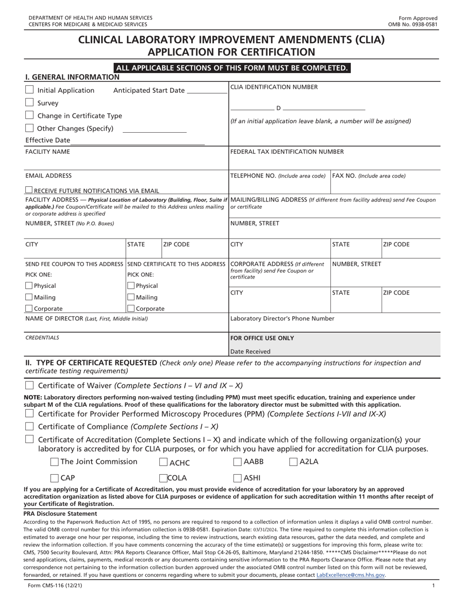 Form CMS-116 Download Fillable PDF or Fill Online Clinical Laboratory ...