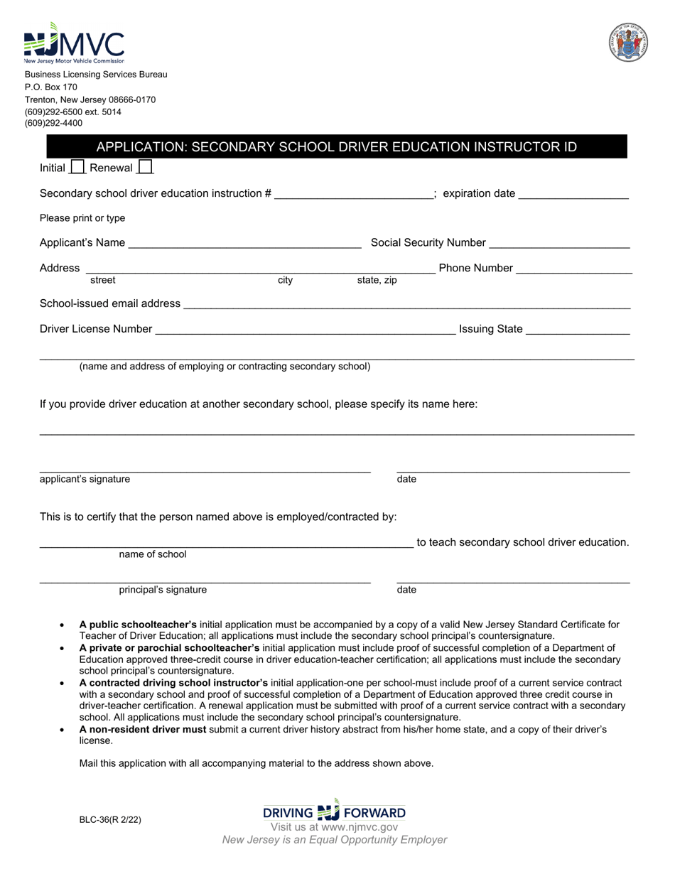 Form BLC-36 Download Fillable PDF or Fill Online Application: Secondary ...