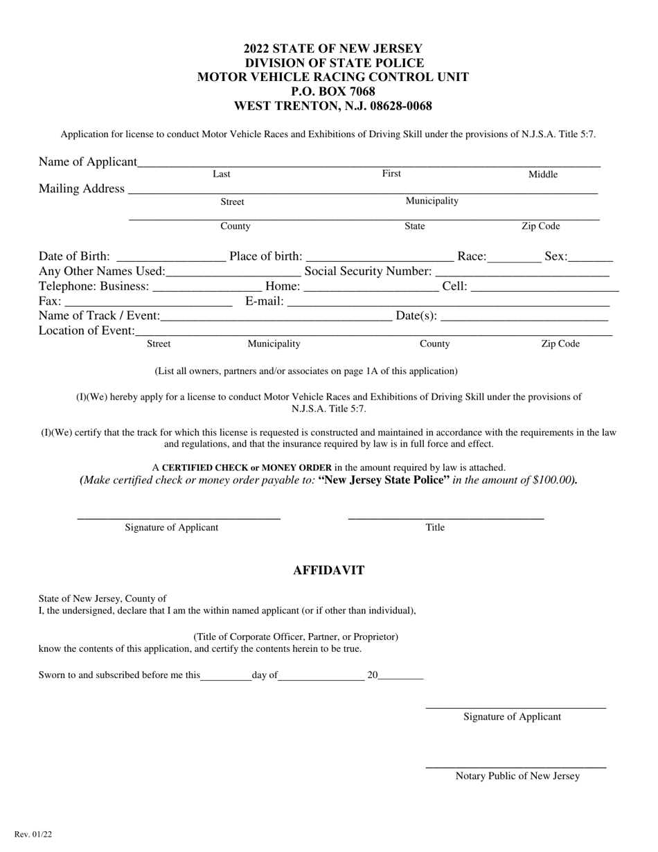2022 New Jersey Motor Vehicle Racetrack License Application - Fill Out ...