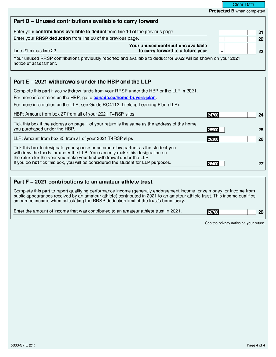 Form 5000-S7 Schedule 7 Download Fillable PDF or Fill Online Rrsp, Prpp, and Spp Unused ...