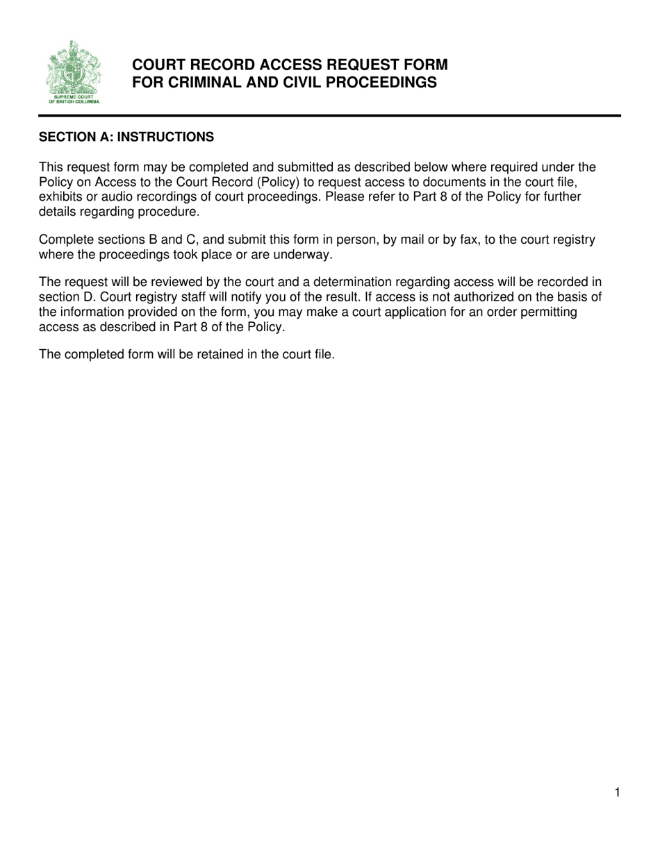 British Columbia Canada Court Record Access Request Form for Criminal ...