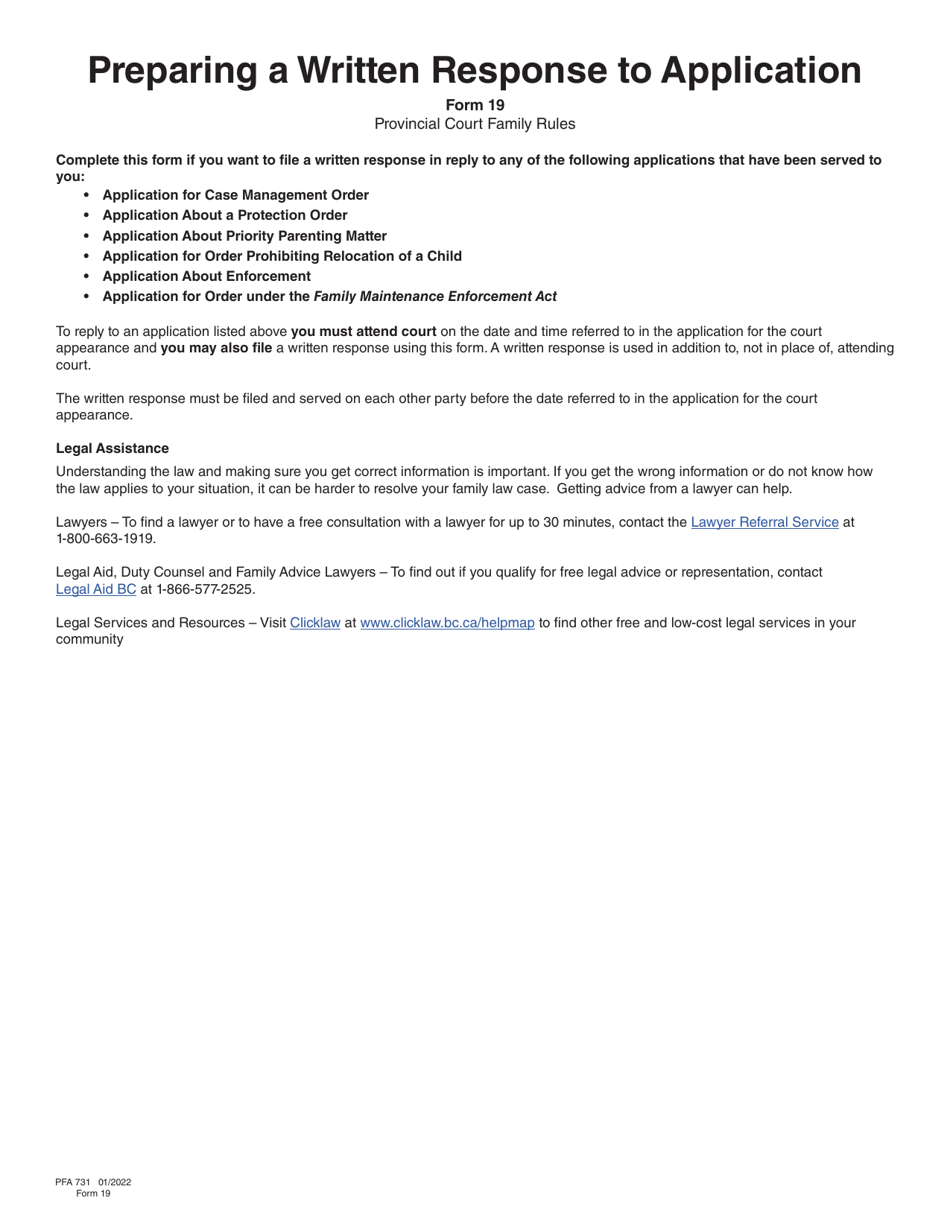 Form 19 (PFA731) Download Fillable PDF or Fill Online Written Response ...