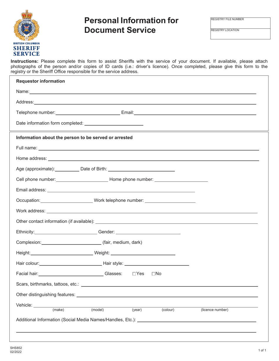 Form SHS852 - Fill Out, Sign Online and Download Fillable PDF, British ...