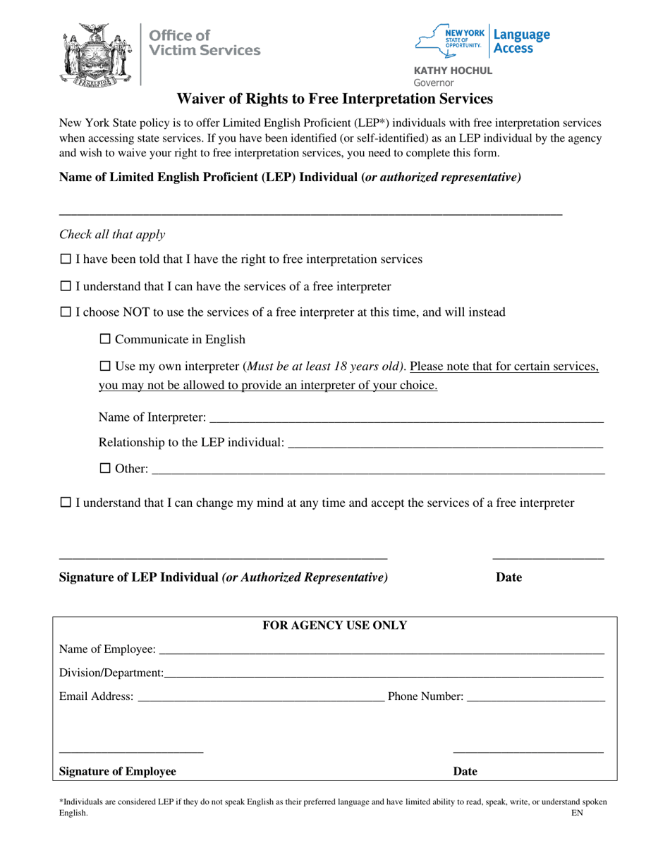 New York Waiver of Rights to Free Interpretation Services - Fill Out ...