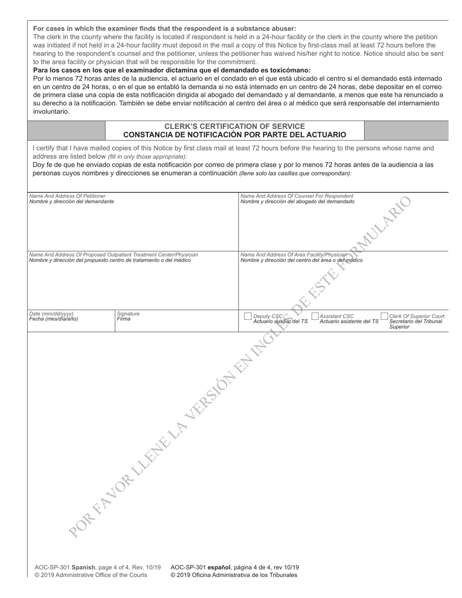 Form AOC-SP-301 Download Printable PDF or Fill Online Notice of Hearing/Rehearing for ...