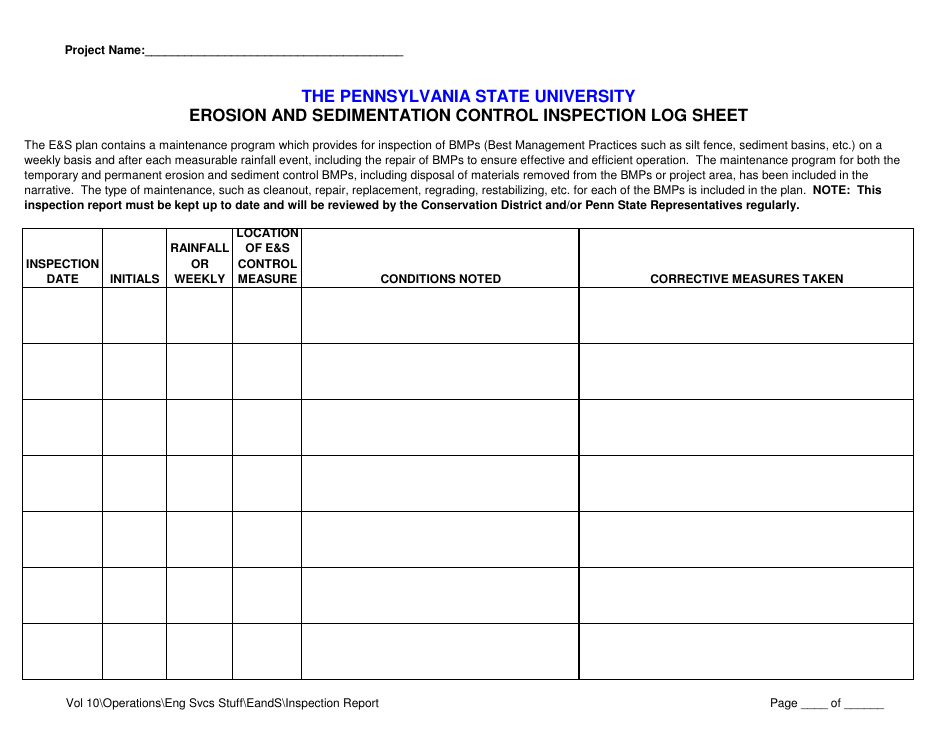 Erosion and Sedimentation Control Inspection Log Sheet Template - the Pennsylvania State ...