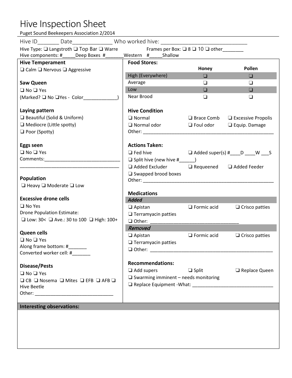 Hive Inspection Sheet - Puget Sound Beekeepers Association Download ...