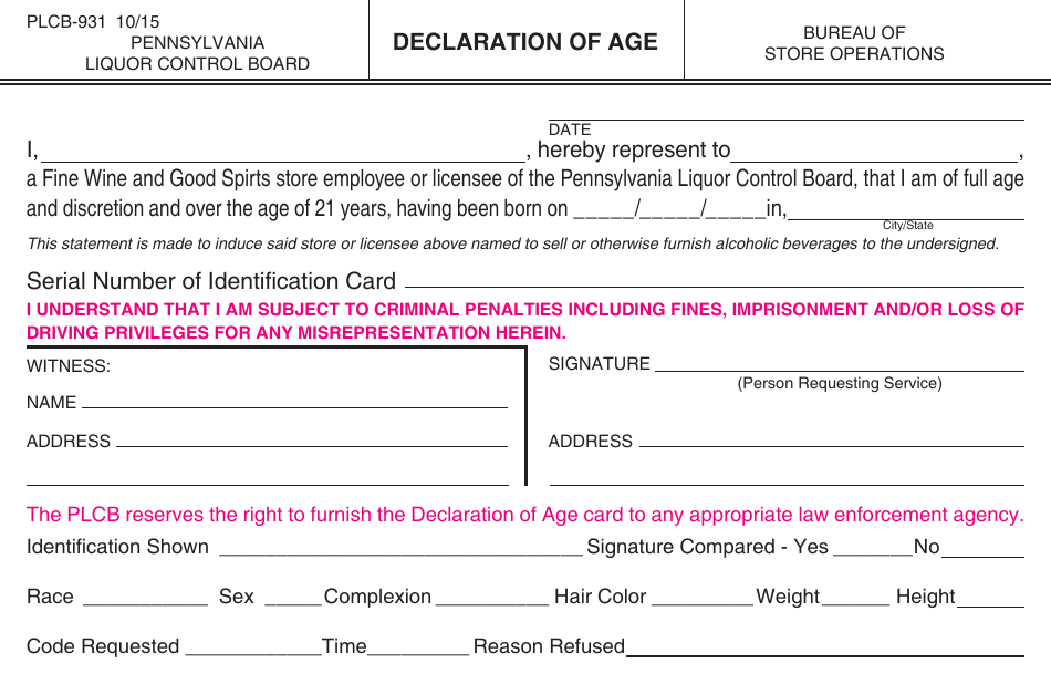 Form PLCB 931 Download Printable PDF Or Fill Online Declaration Of Age Form PLCB 931 Download Printable PDF Or Fill Online Declaration Of Age