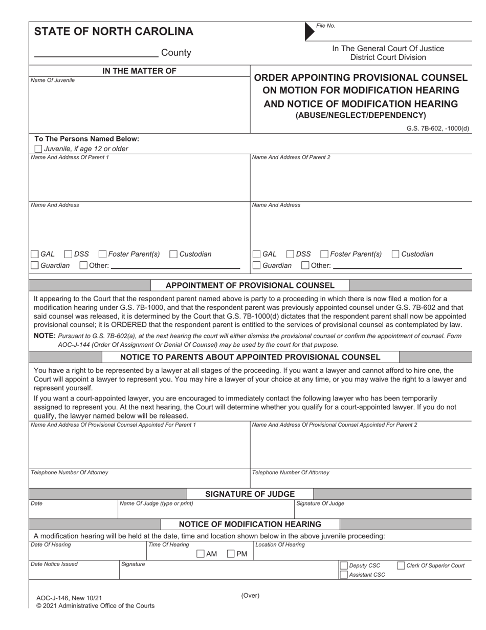 Form AOC-J-146 - Fill Out, Sign Online and Download Fillable PDF, North ...