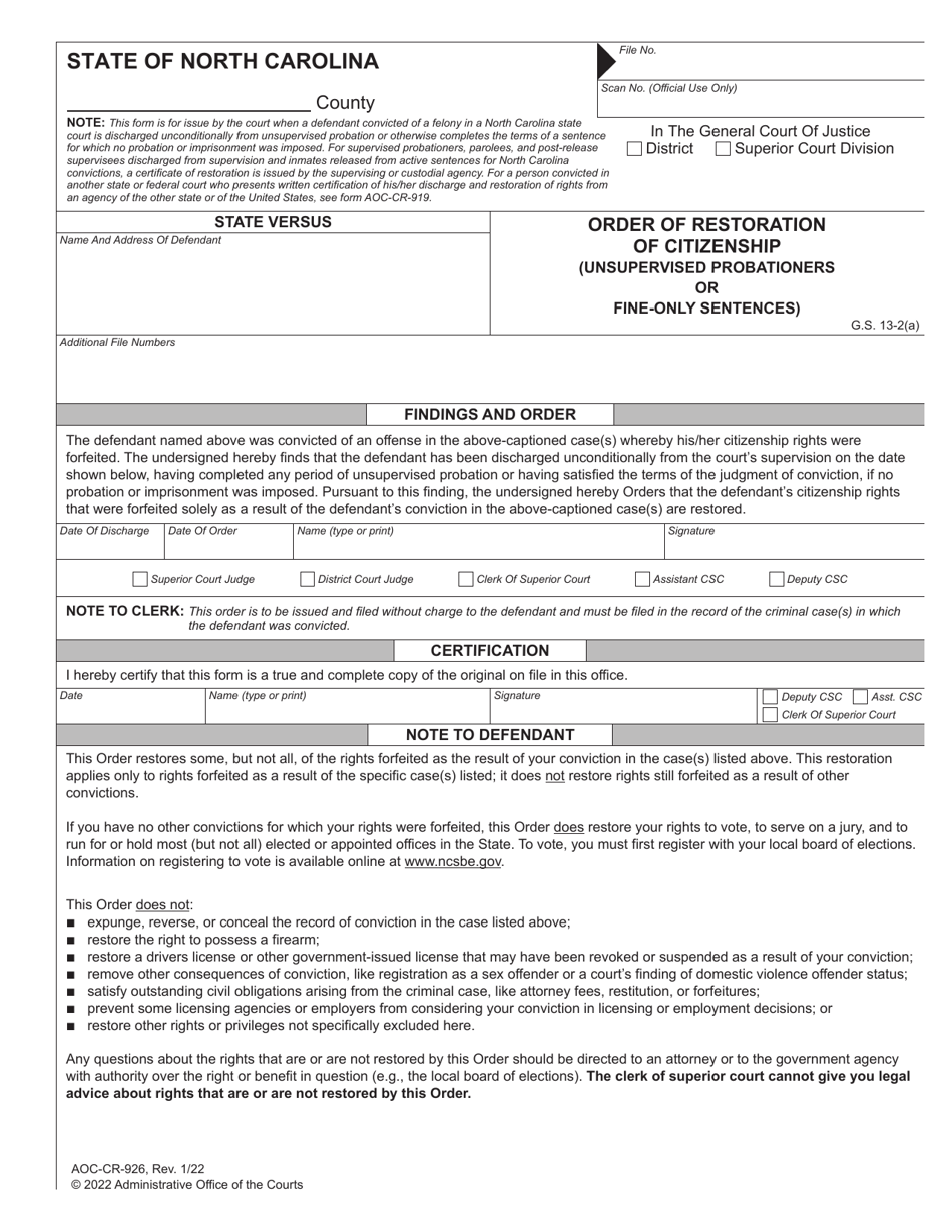 Form AOC-CR-926 Download Fillable PDF or Fill Online Order of ...