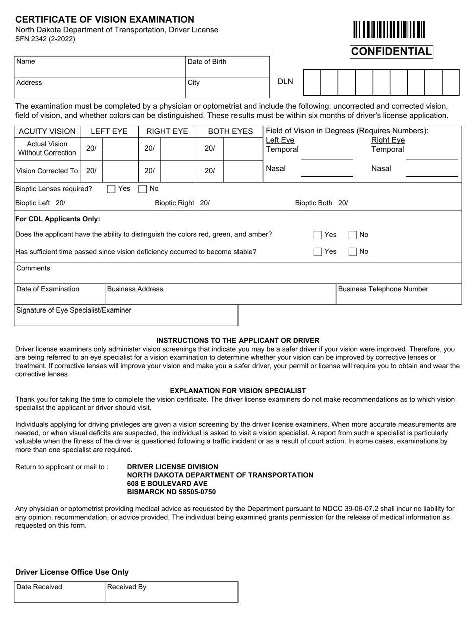 Form SFN2342 Download Fillable PDF or Fill Online Certificate of Vision ...
