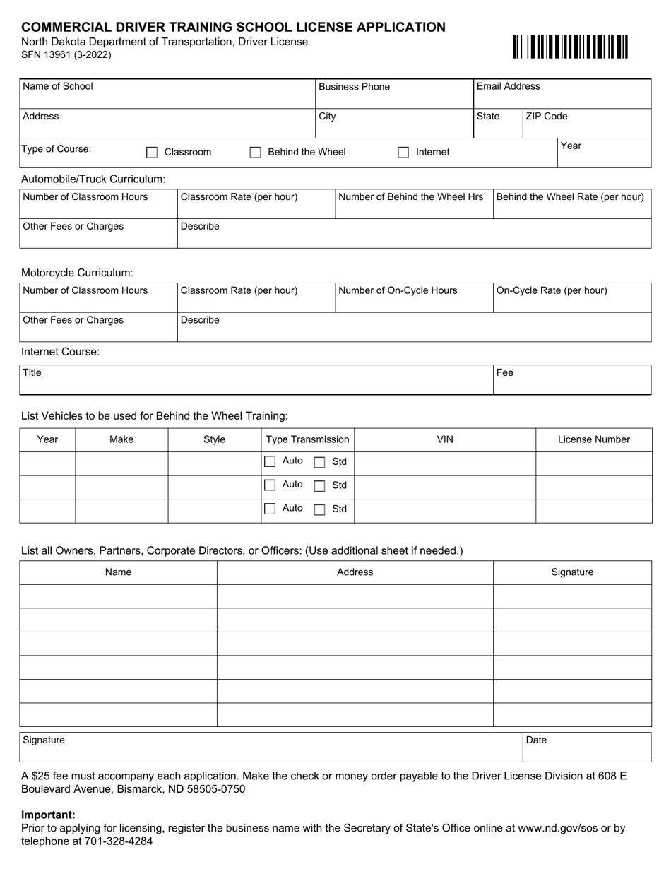 Form SFN13961 Download Fillable PDF or Fill Online Commercial Driver ...