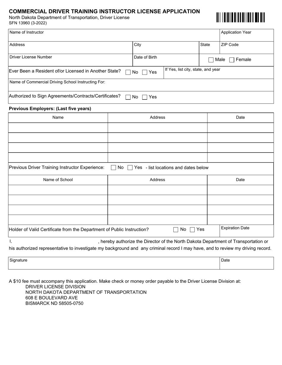 Form SFN13960 Download Fillable PDF or Fill Online Commercial Driver ...