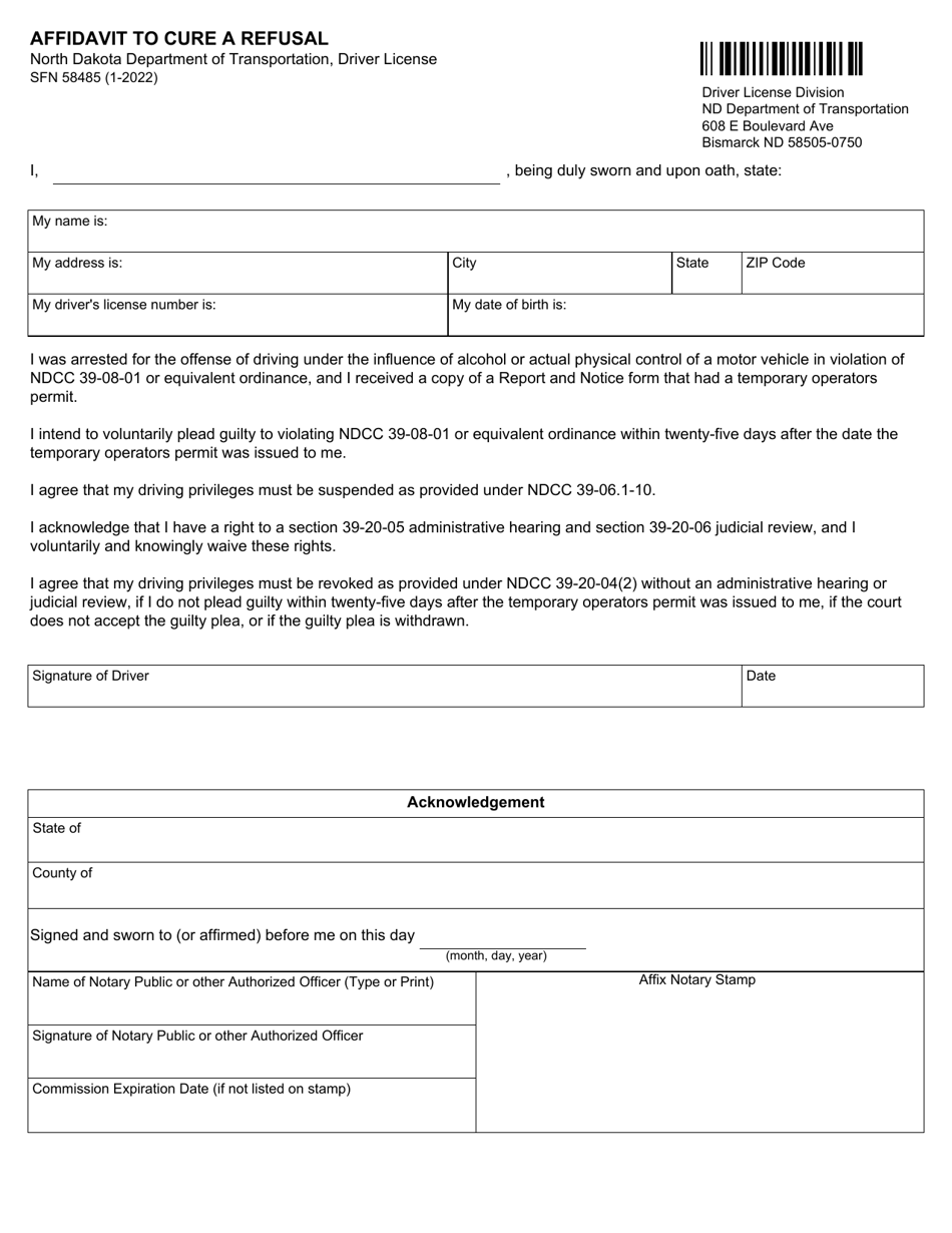 Form SFN58485 Download Fillable PDF or Fill Online Affidavit to Cure a ...