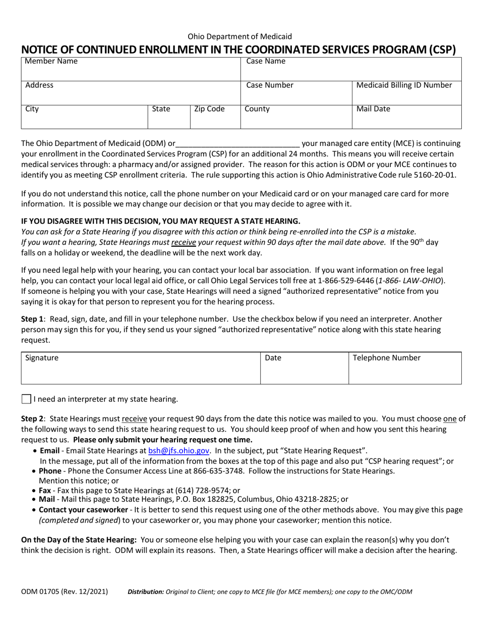 Form ODM01705 Download Fillable PDF or Fill Online Notice of Continued ...