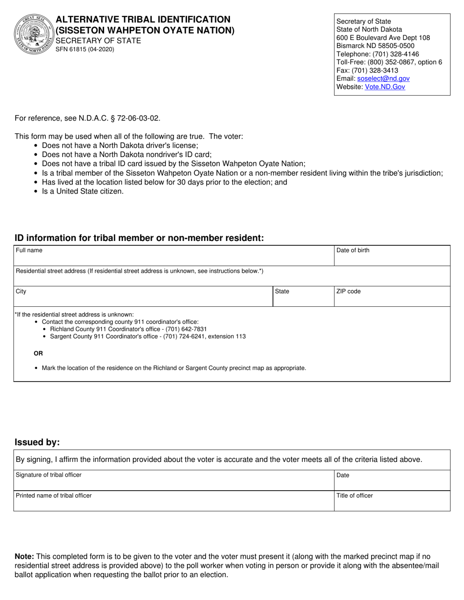 Form SFN61815 - Fill Out, Sign Online and Download Fillable PDF, North ...